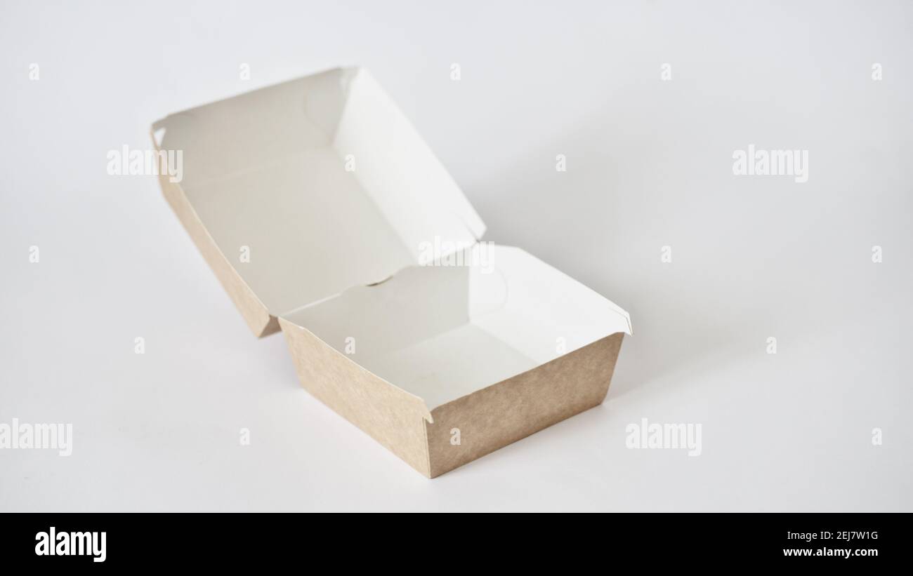Opened empty blank cardboard food container. Hamburger sandwich box ...