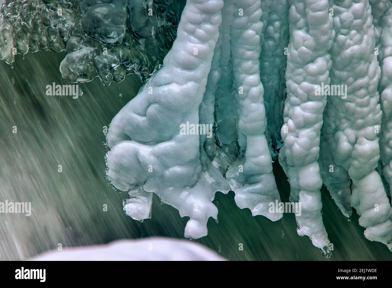 Beautiful ice formations on a mountain river in winter, close up Stock ...