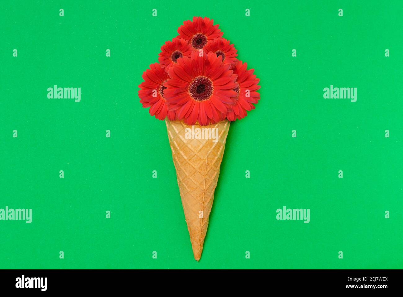 Ice cream cone with flowers on green background. Summer flowers concept ...