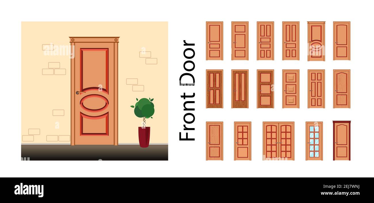 Big set vector doors. Front doors in orange. Doors with or without ...
