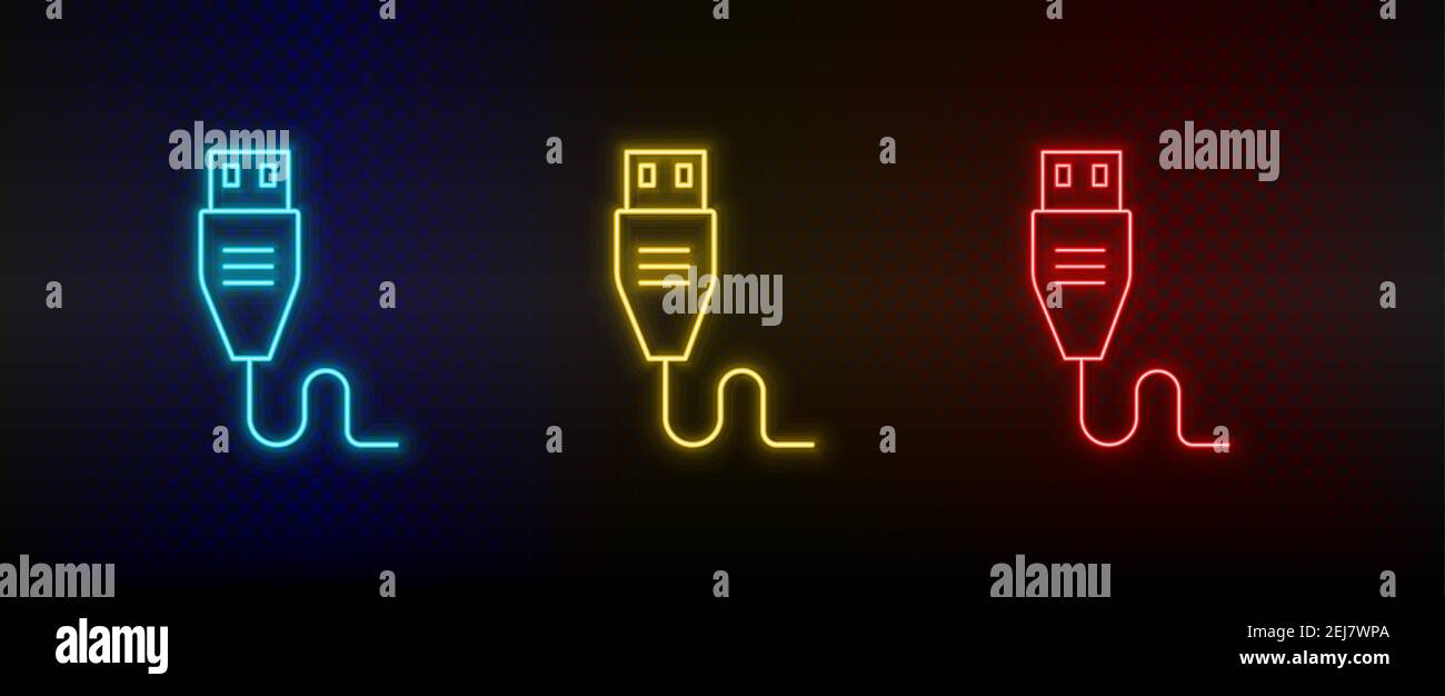 Neon icon set Usb. Set of red, blue, yellow neon vector icon Stock ...