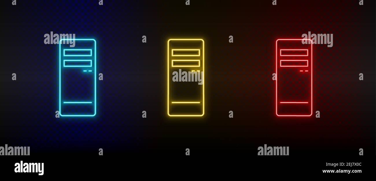 Neon icon set Pc processor. Set of red, blue, yellow neon vector icon ...