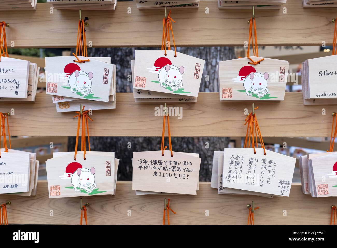 Japanese wooden wishing plaques "ema", or picture horse, are seen with ...