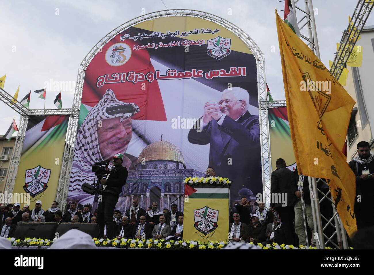 Palestinian Fatah supporter speaking to the congregation during a rally ...