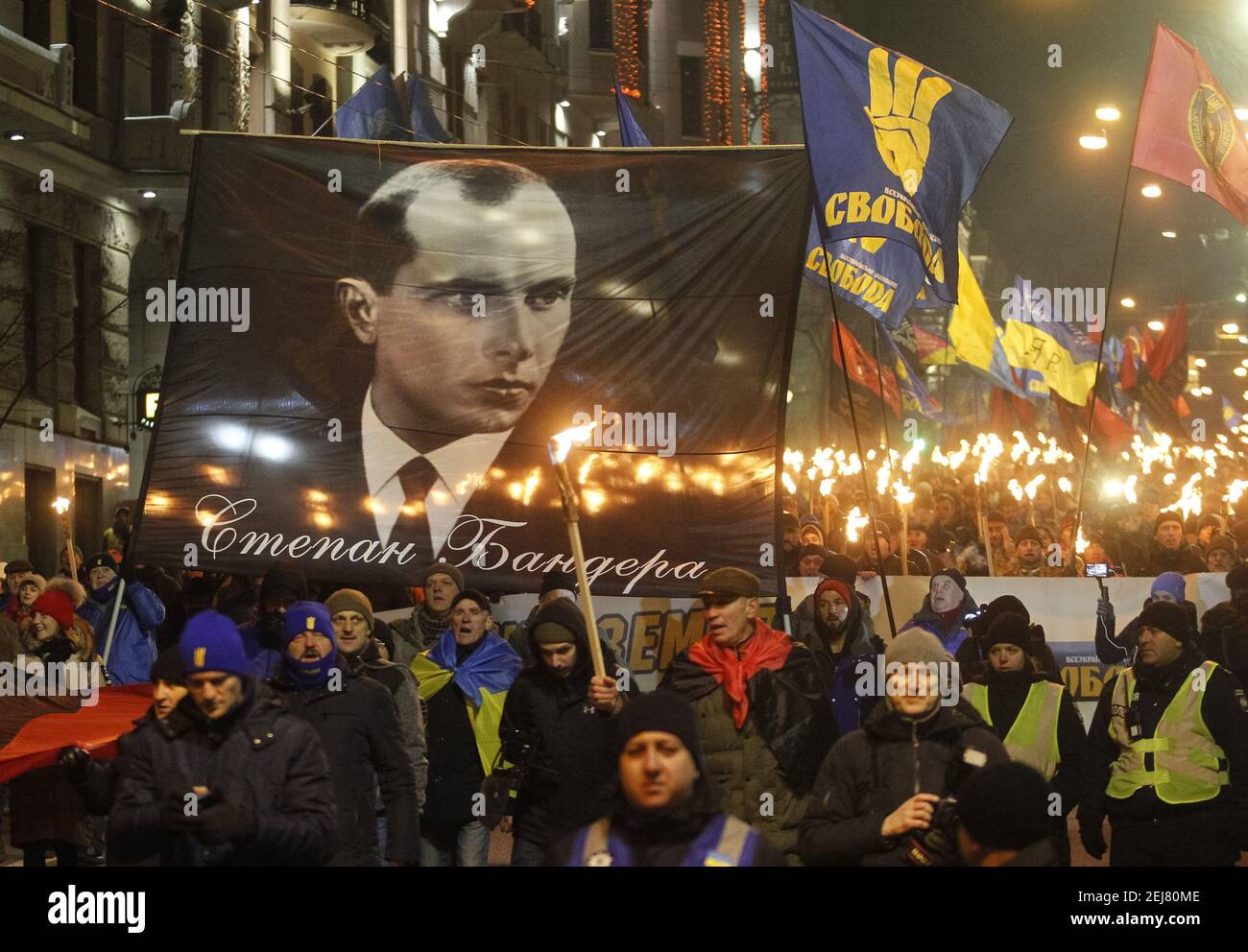 Ukrainian far-right activists with a Stepan Bandera banner during the ...