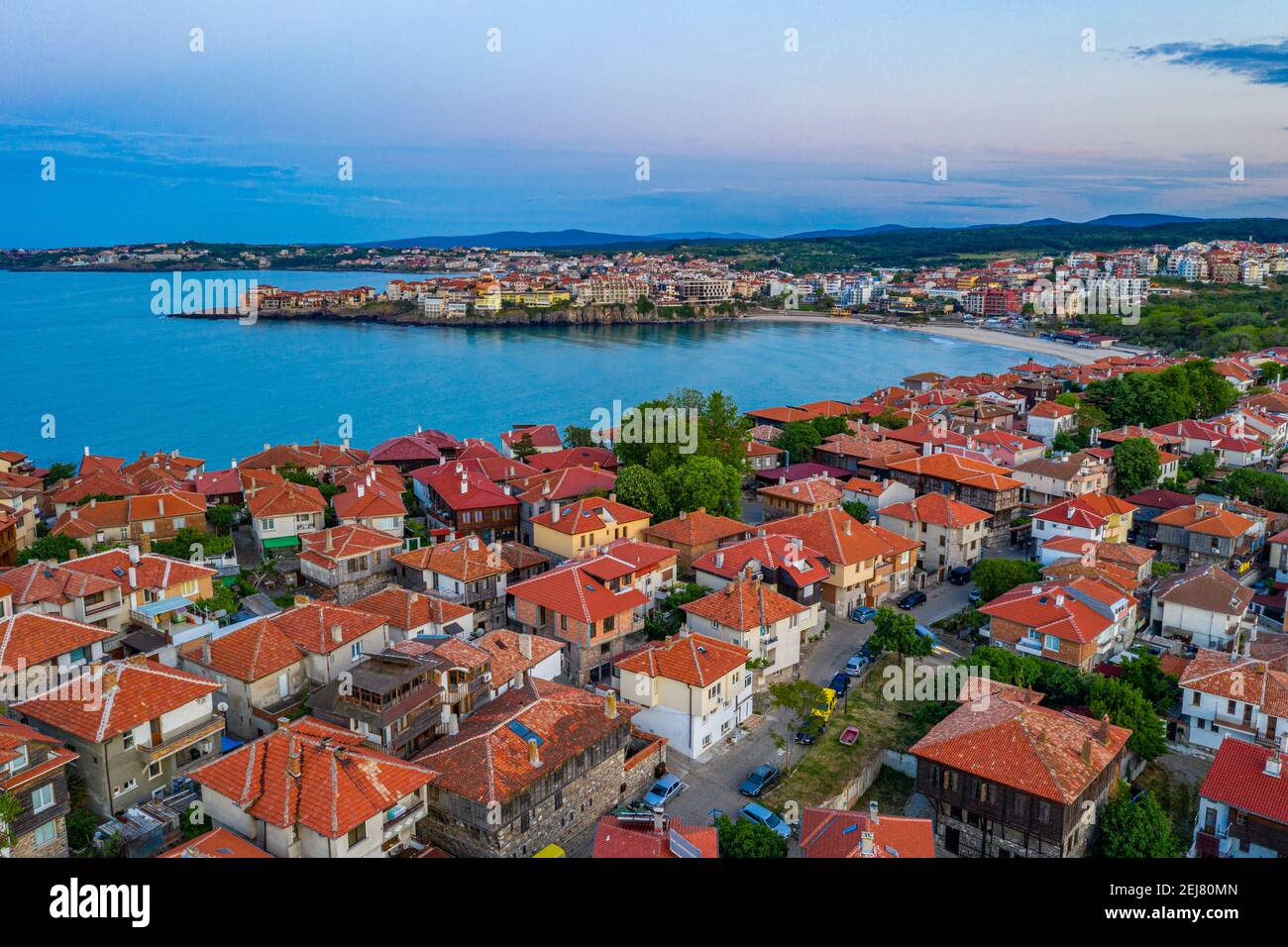 Sunset aerial view of Bulgarian town Sozopol Stock Photo - Alamy
