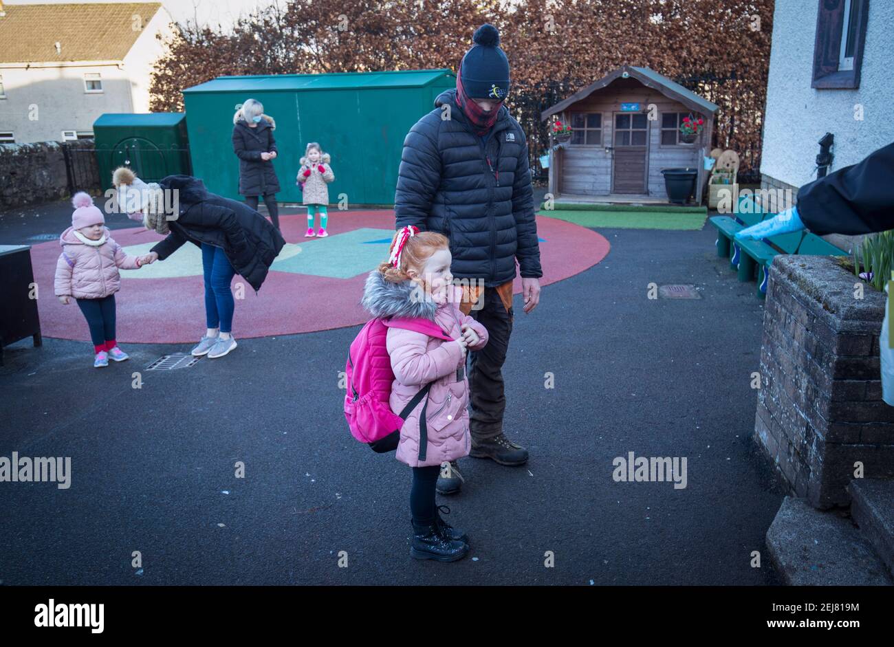 Nursery pupils arriving for their first day back at Inverkip Primary ...