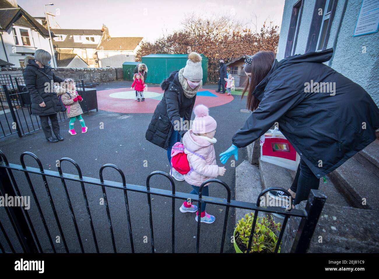 Nursery pupils arriving for their first day back at Inverkip Primary ...