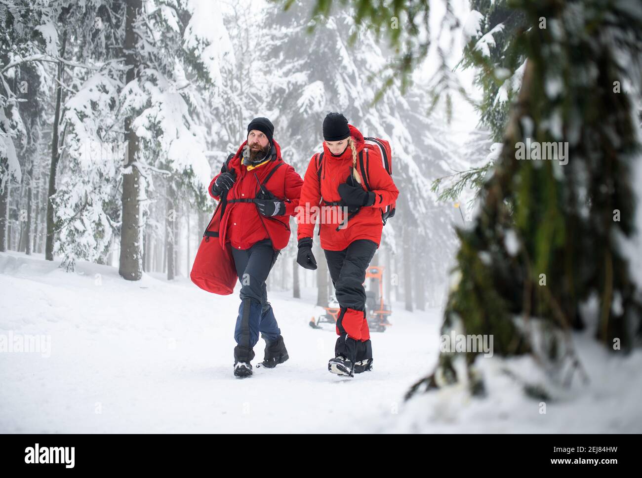 Paramedics from mountain rescue service walking outdoors in winter in ...