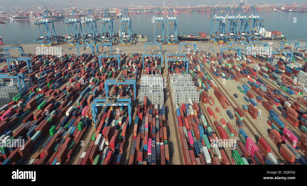 View of a container terminal at the Port of Qingdao in Qingdao City ...
