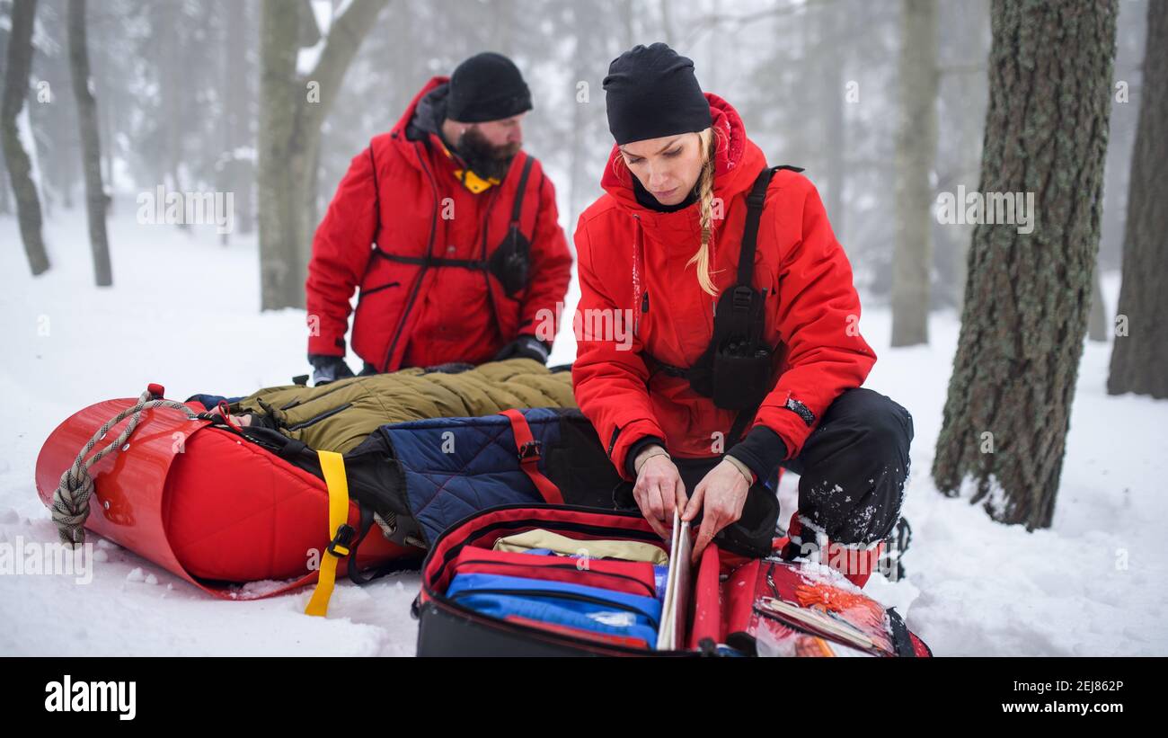 Mountain rescue service provide operation outdoors in winter in forest ...