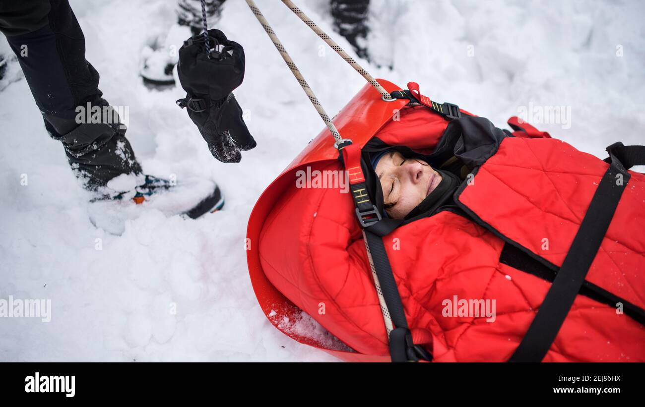Mountain rescue service provide operation outdoors in winter in forest ...