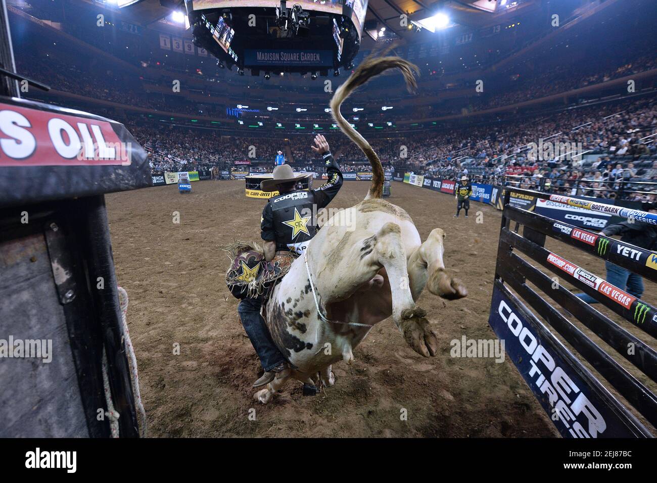 Professional bull rider Fabiano Vieira rides ”JC’s Gangster” during ...