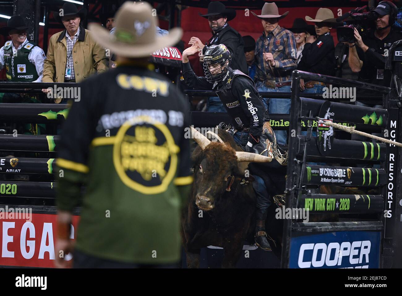 Professional bull rider Colten Jesse rides off “Test Me” during round ...