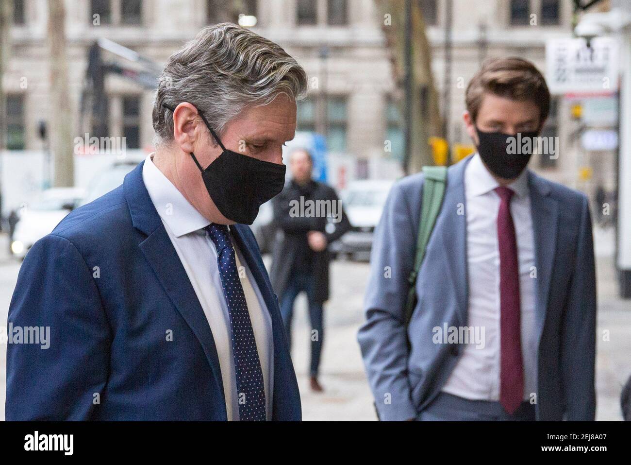 Sir Keir Starmer wearing a mask, leaves LBC's radio studio in Leicester ...