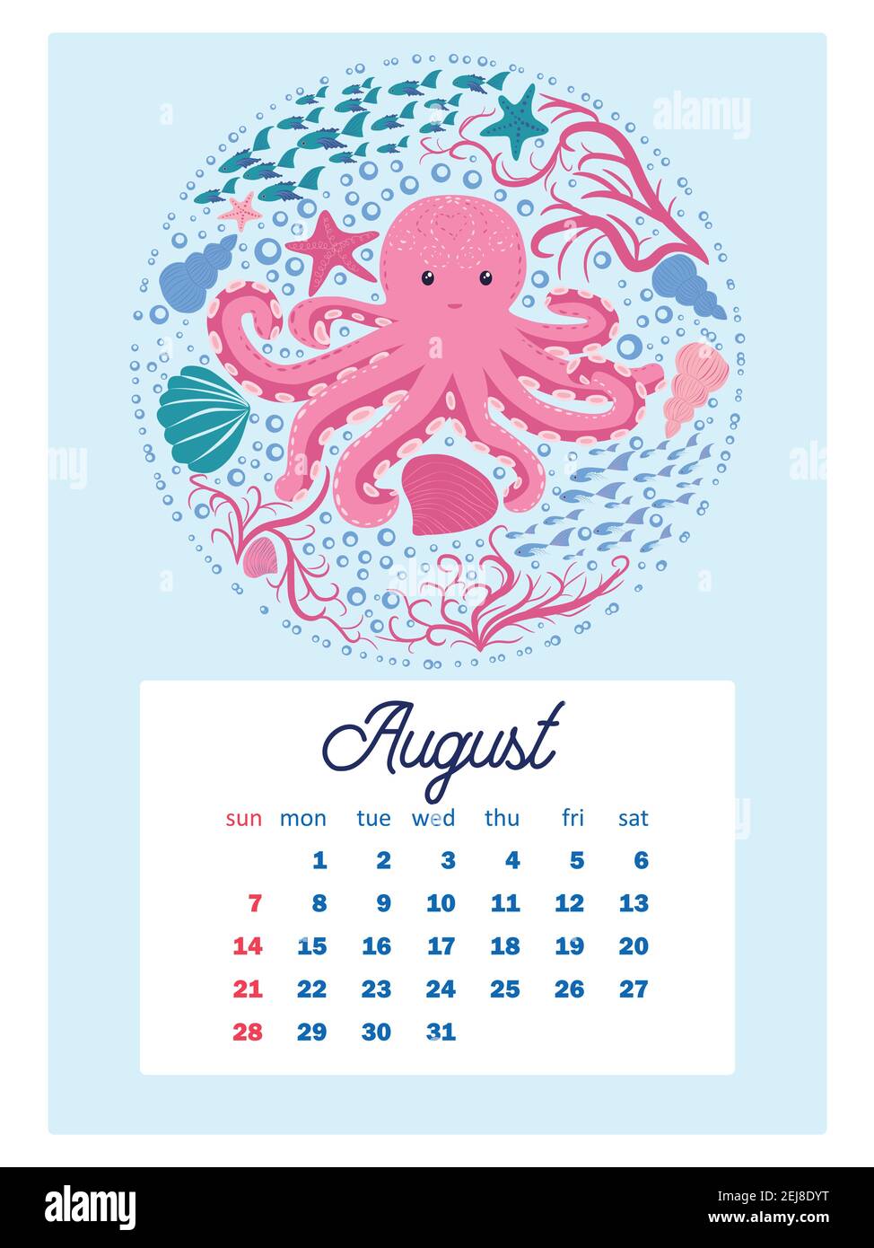 Marine life. calendar design template for 2022, A4 format. Week starts ...