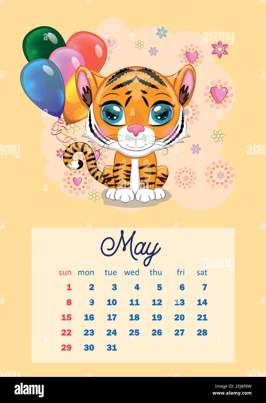 Cute Tiger Wall Calendar Template for 2022, Year of the Tiger, Chinese ...