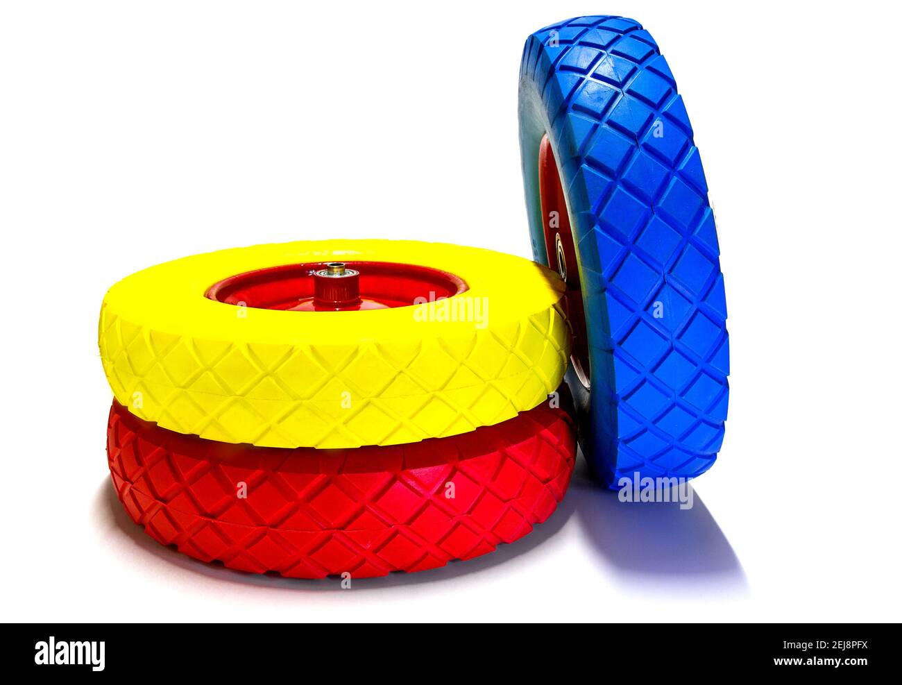 multi-colored wheels for garden cars, isolated Stock Photo - Alamy