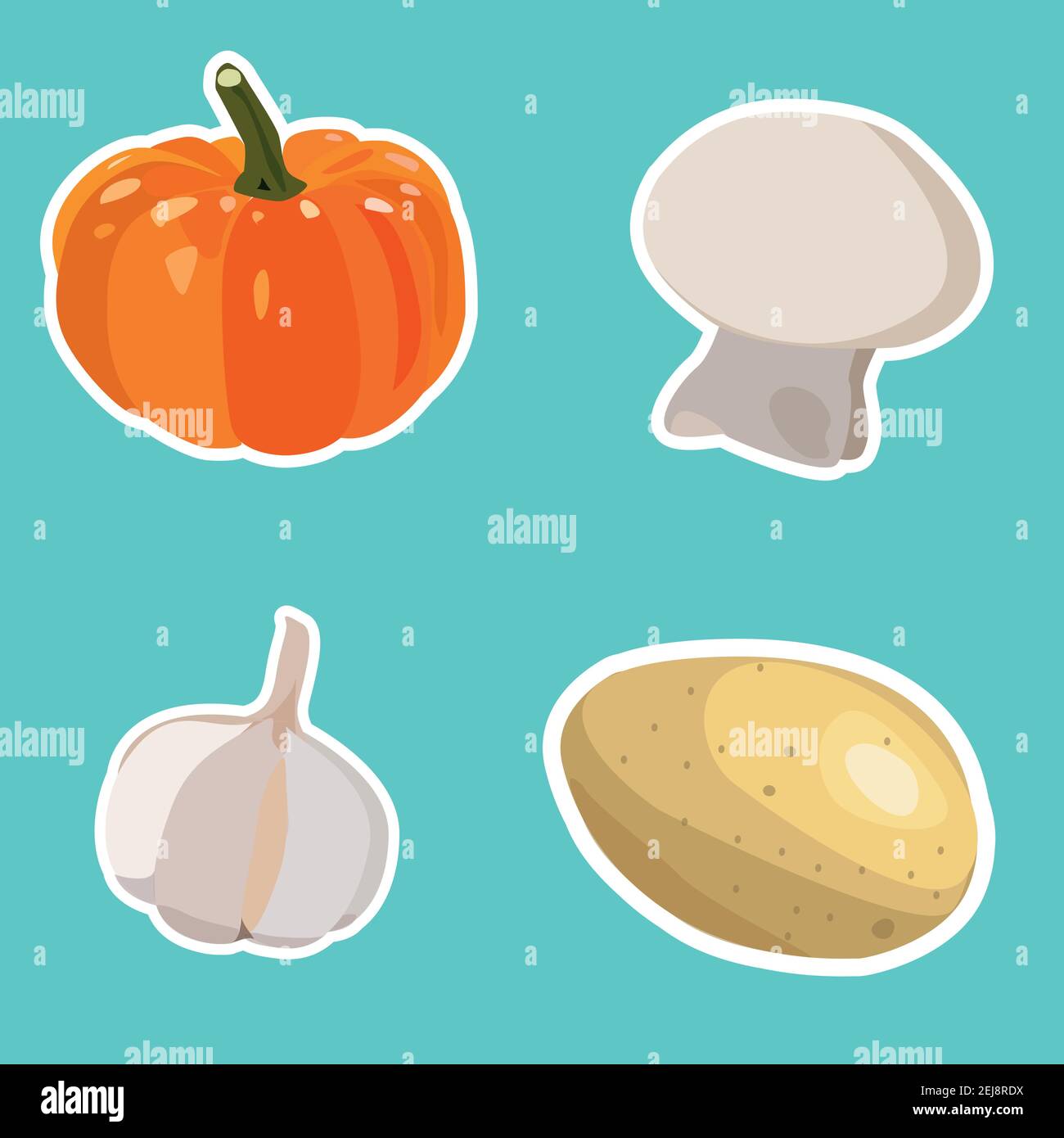 Vector set of flat cartoon vegetables stickers. Vector background. Flat ...