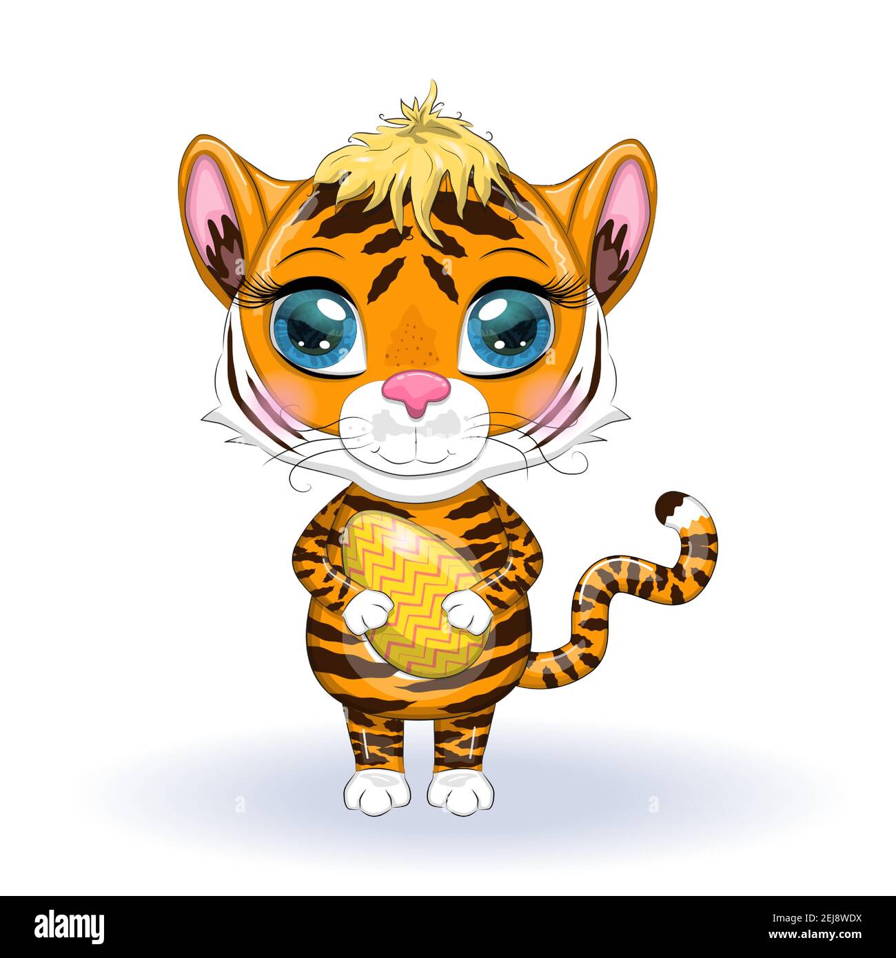 Cute cartoon tiger with beautiful eyes, orange with Easter egg. Tiger ...
