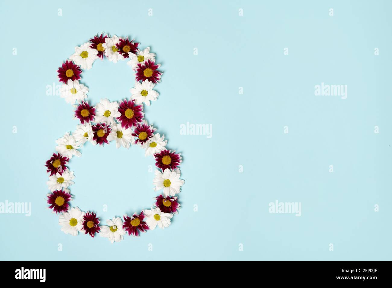 number 8 eight made from flowers on blue background with copy space ...