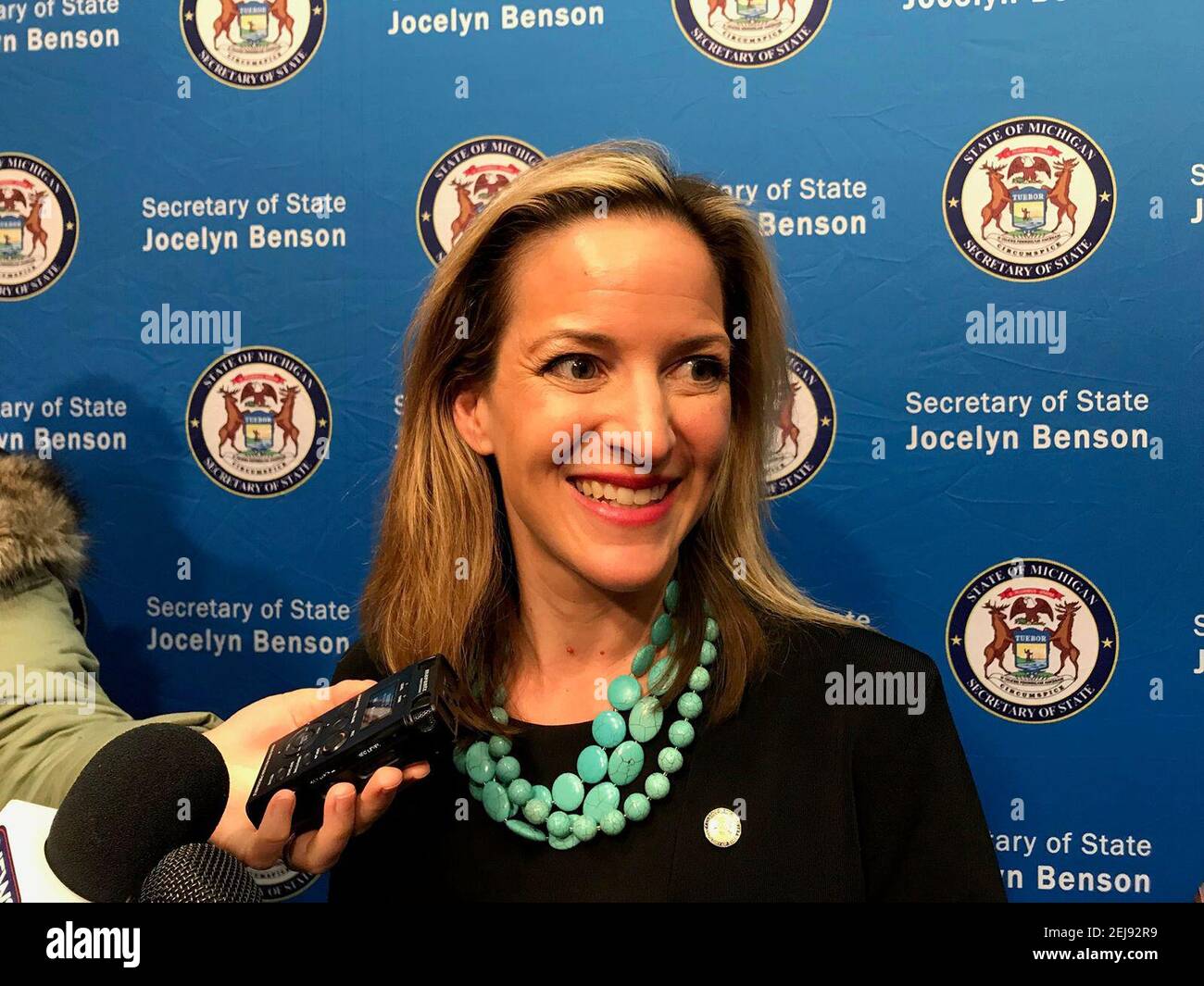 Michigan Secretary of State Jocelyn Benson speaks with media after ...