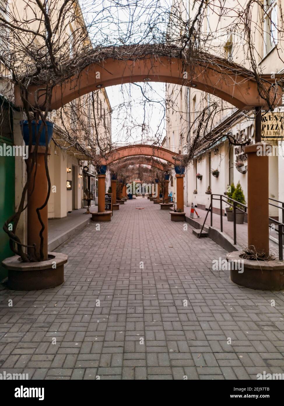 Lodz, Poland - February 23 2020 Tunnel unter big concrete arcs with ...