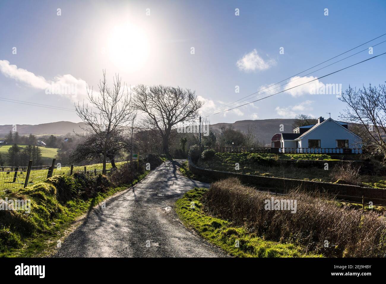 Rural countryside Gaeltacht land and lane road with property housing in ...