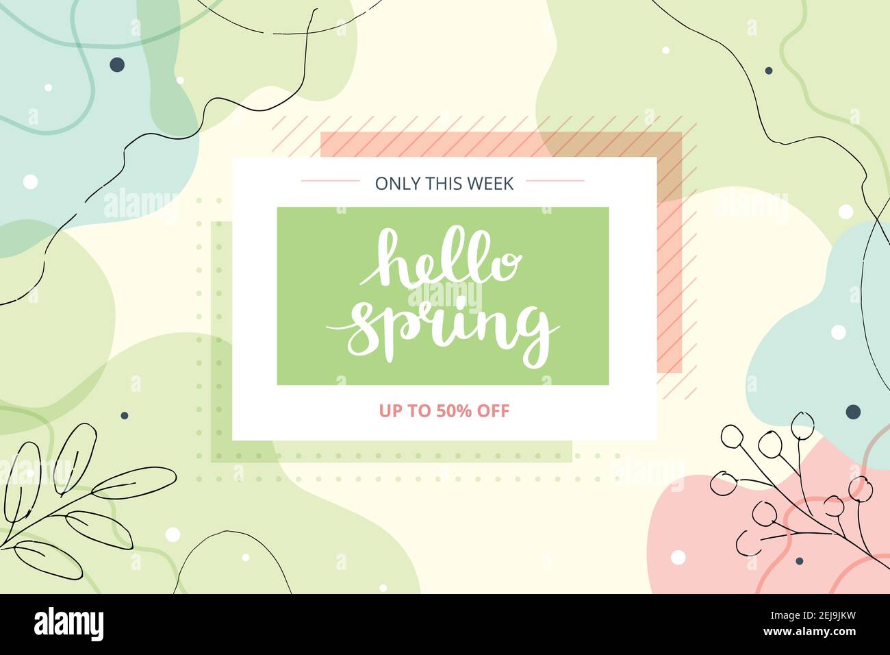 Hello Spring banner with lettering and abstract shapes. Cute hand drawn ...