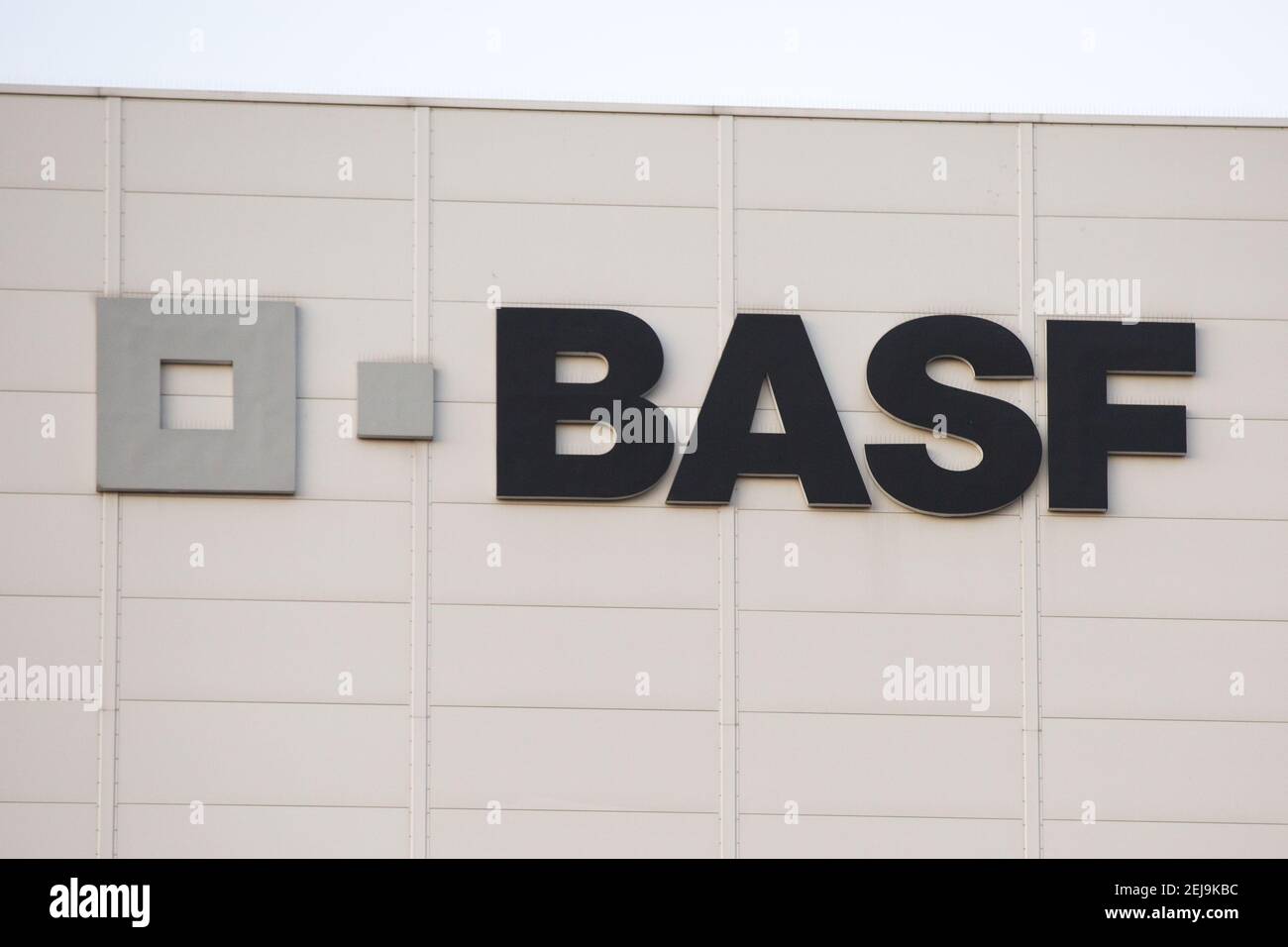 BASF logo seen on the main building of the BASF catalyst production plant in Sroda Slaska ...