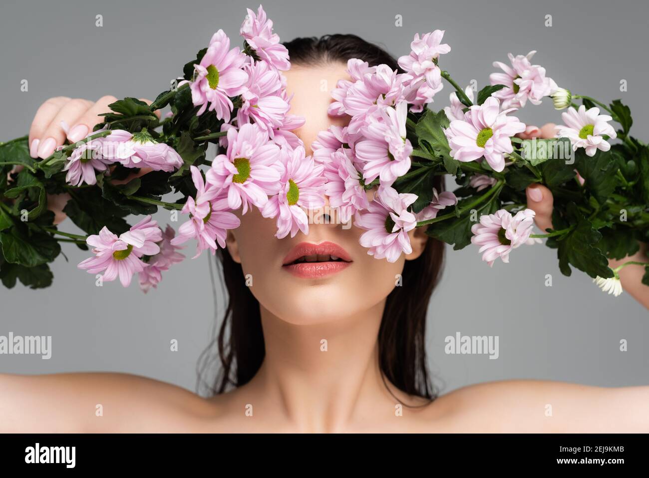 young woman covering eyes with pink flowers isolated on grey Stock ...