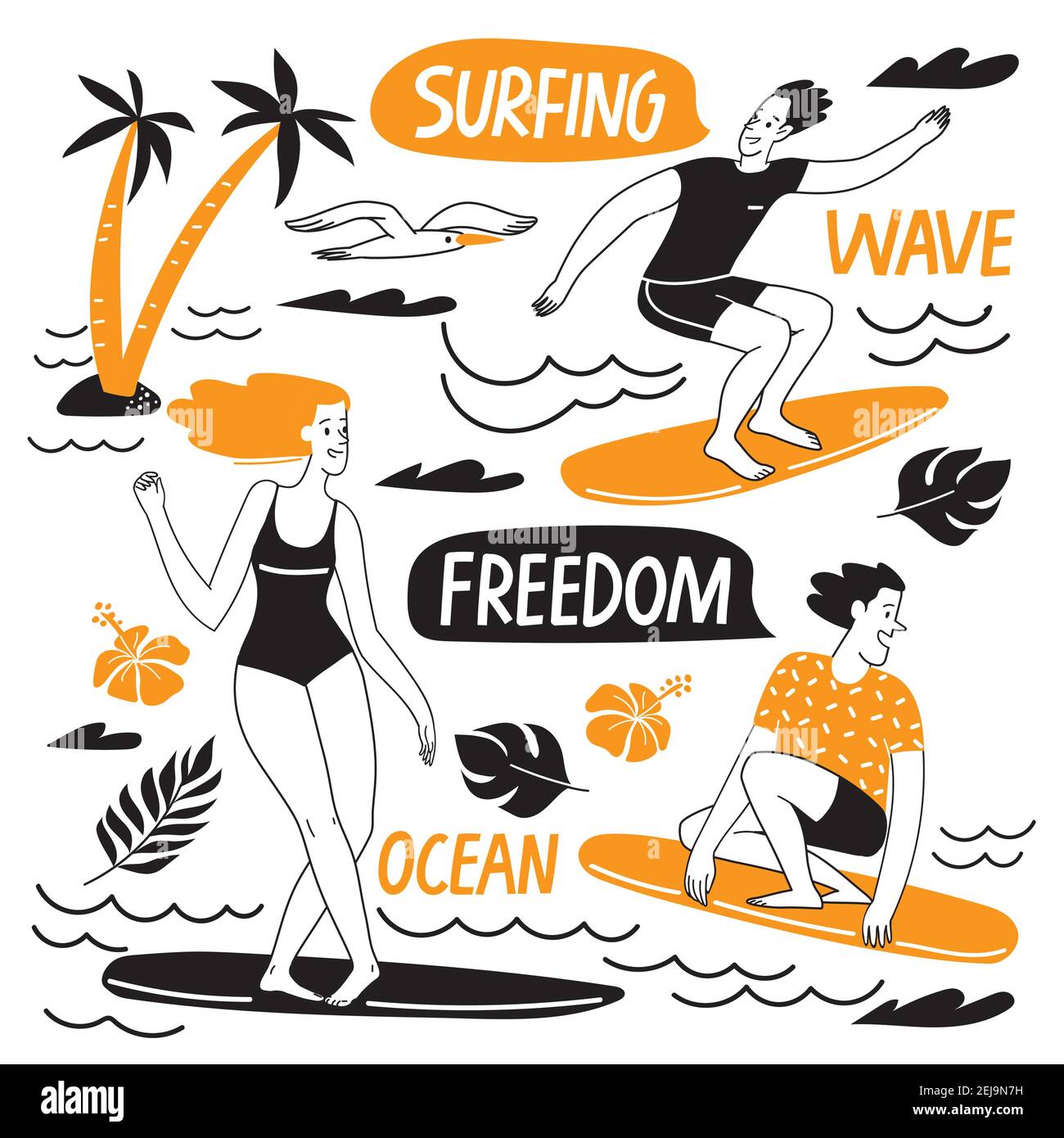 Happy man and woman with surfboard Stock Vector Images - Alamy