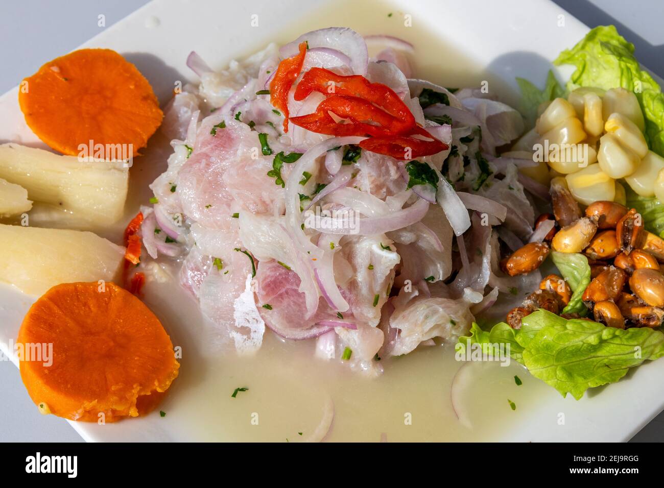Traditional Peruvian ceviche seafood dish made from fresh raw fish ...