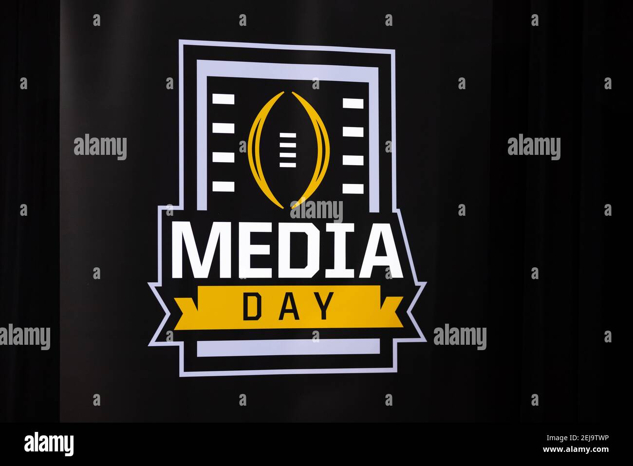 January 11, 2020: The College Football Playoff Media Day logo is seen ...