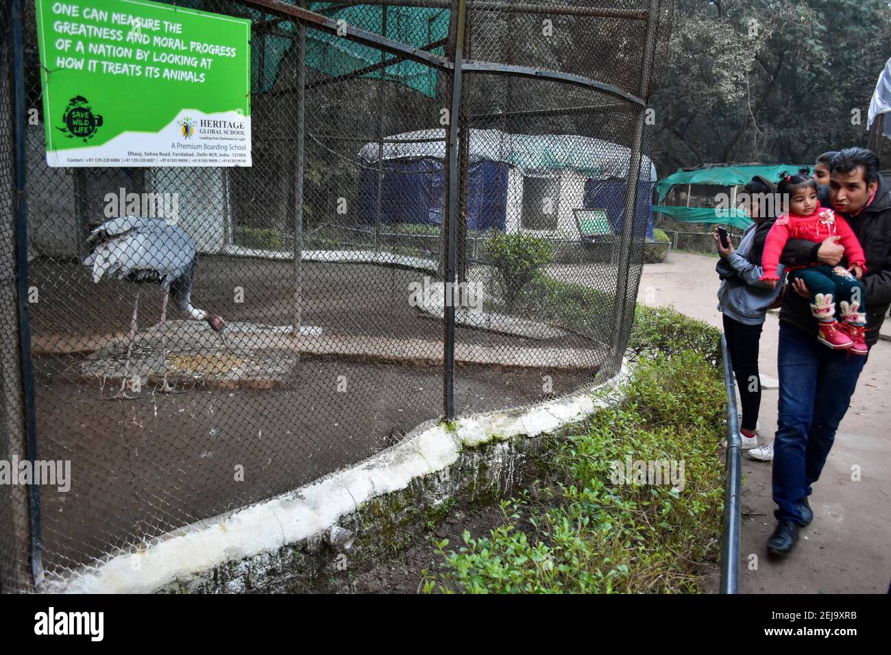 Visitors walk past a bird at Chhatbir Zoo, a zoological park ...