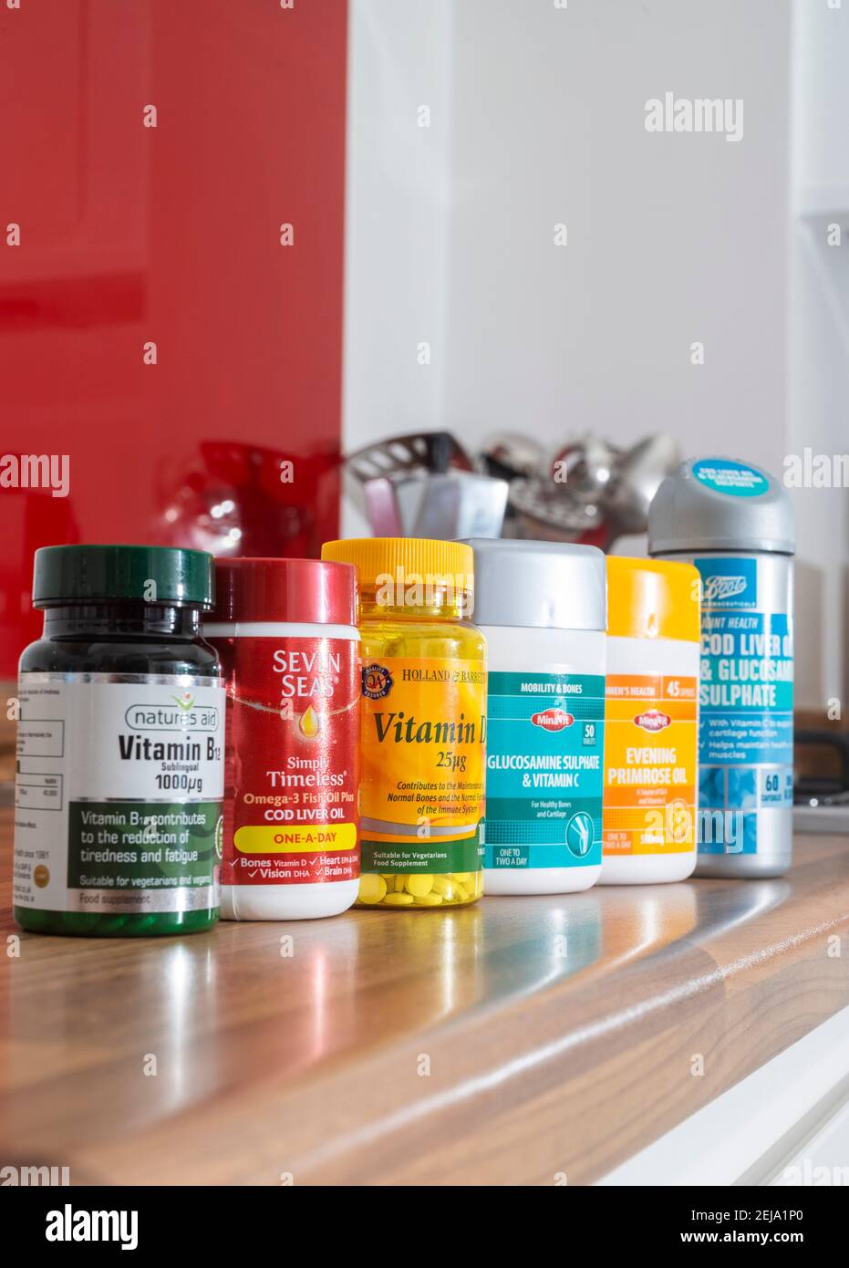 Various bottles of vitamin tablets for healthy living lifestyle UK ...