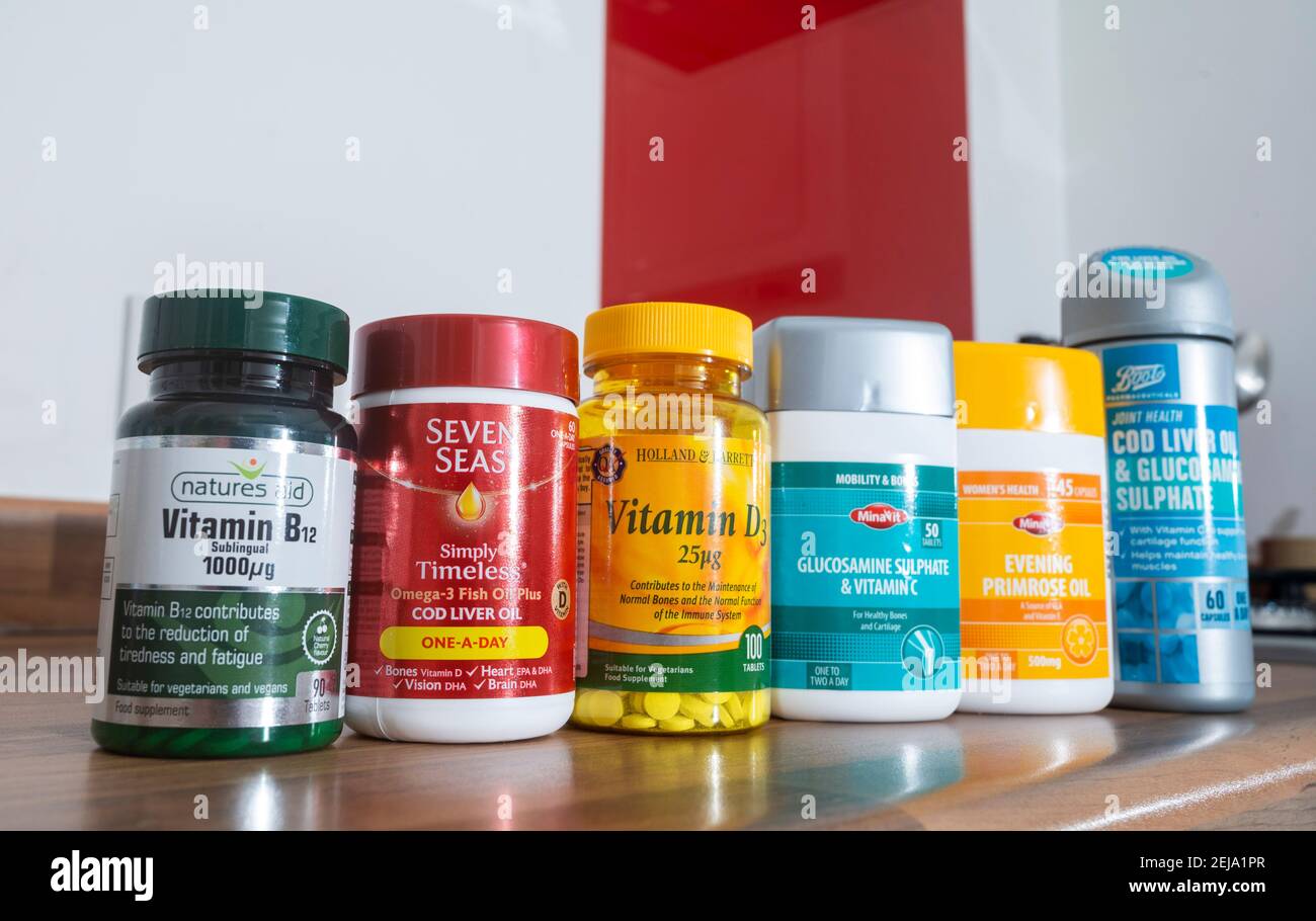 Various bottles of vitamin tablets for healthy living lifestyle UK ...