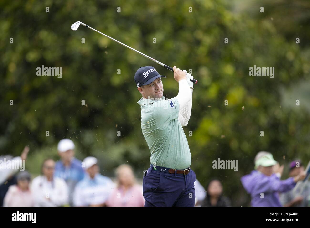 January 11, 2020 - Russell Knox hits his tee shot on the 11th hole ...
