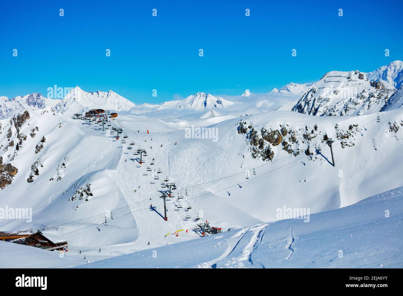 Panorama of French alps on the good sunny day, ski lift and station ...