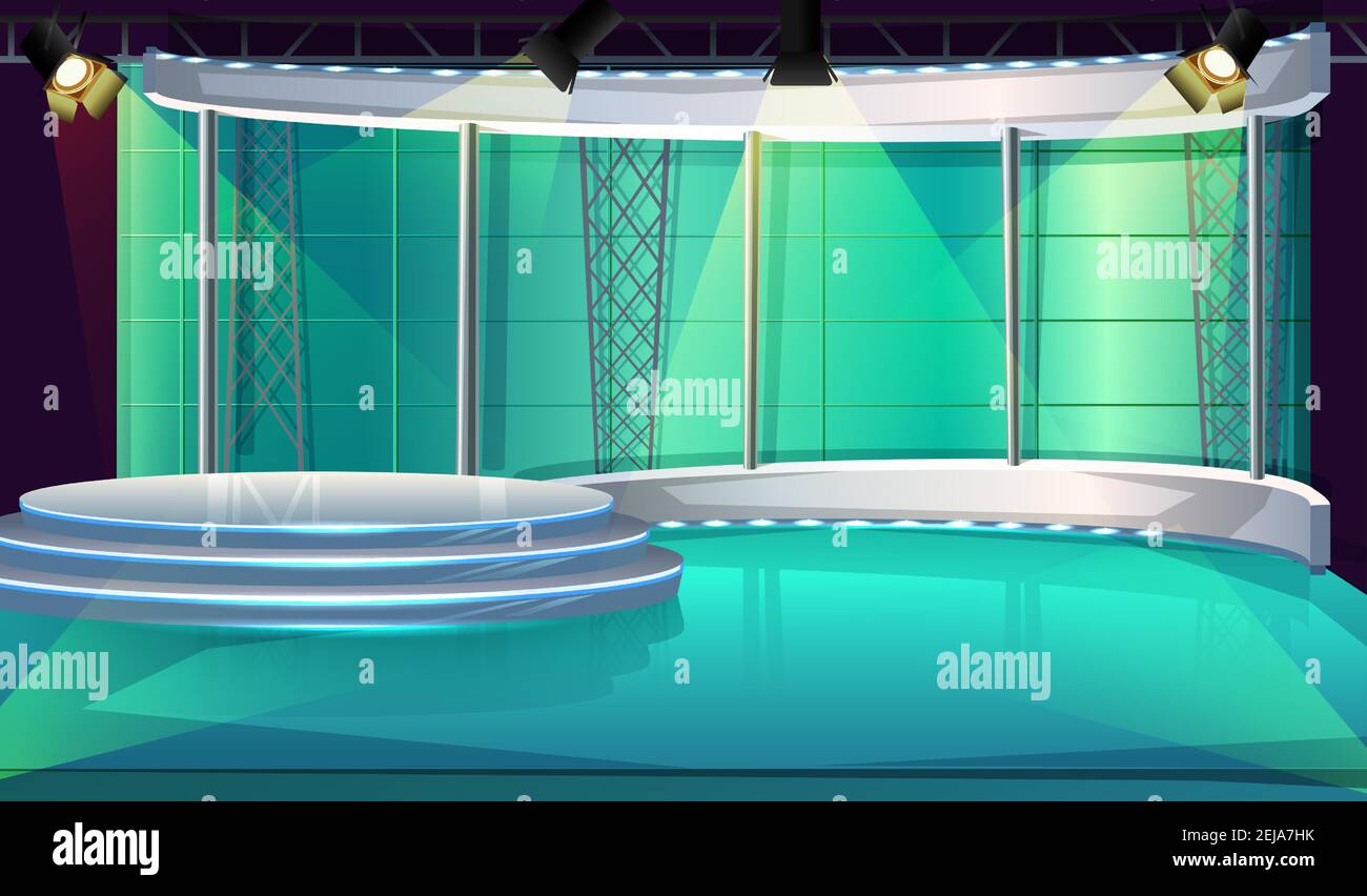 Vector cartoon style TV show studio interior with stage and spot lights ...