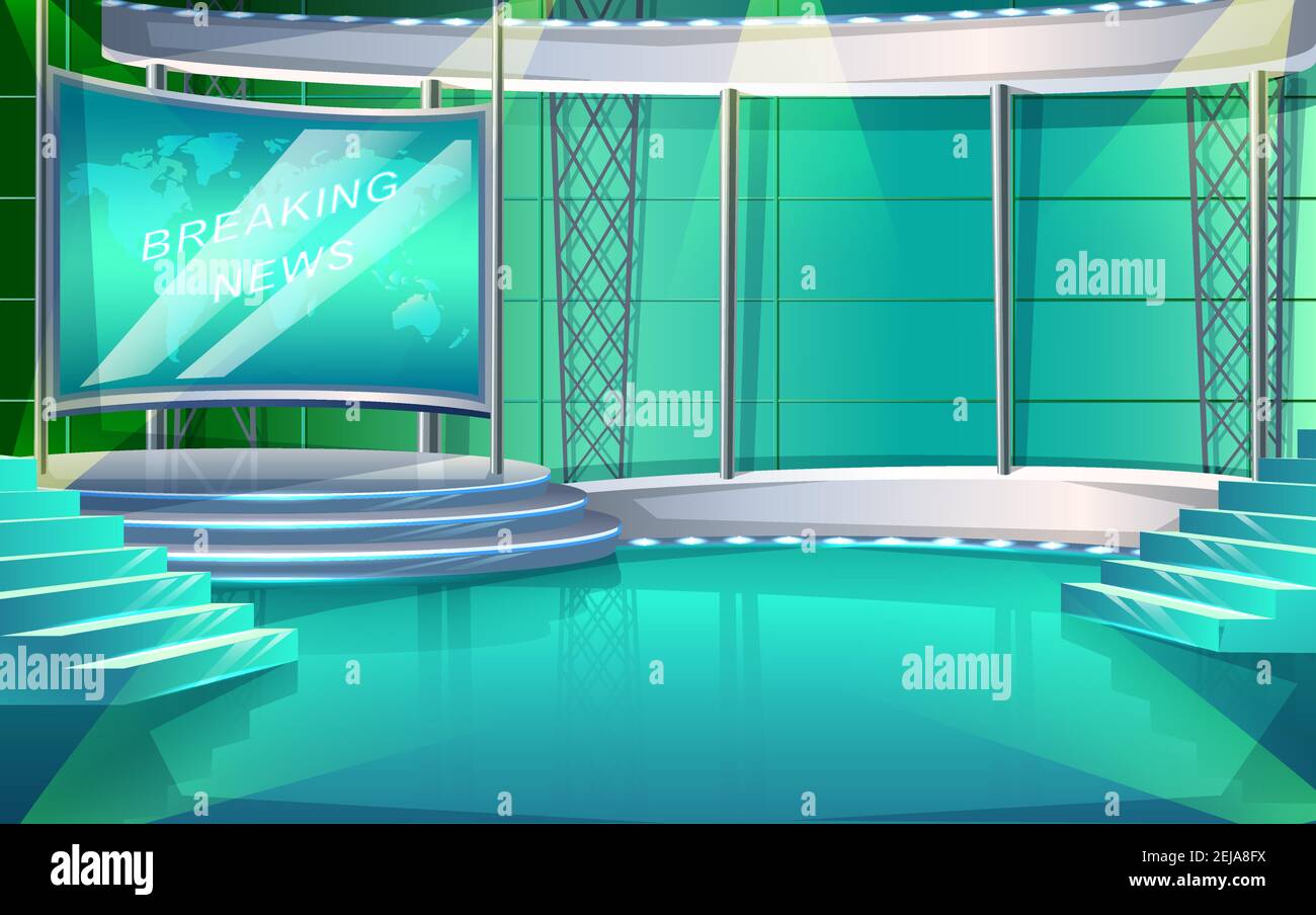 Vector cartoon style TV show studio interior stage, with two chair and ...