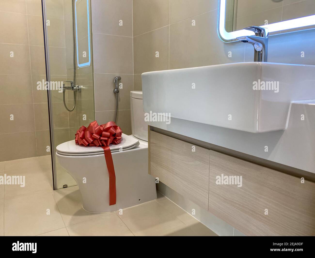 Brand new toilet and sink inside modern restroom Stock Photo - Alamy