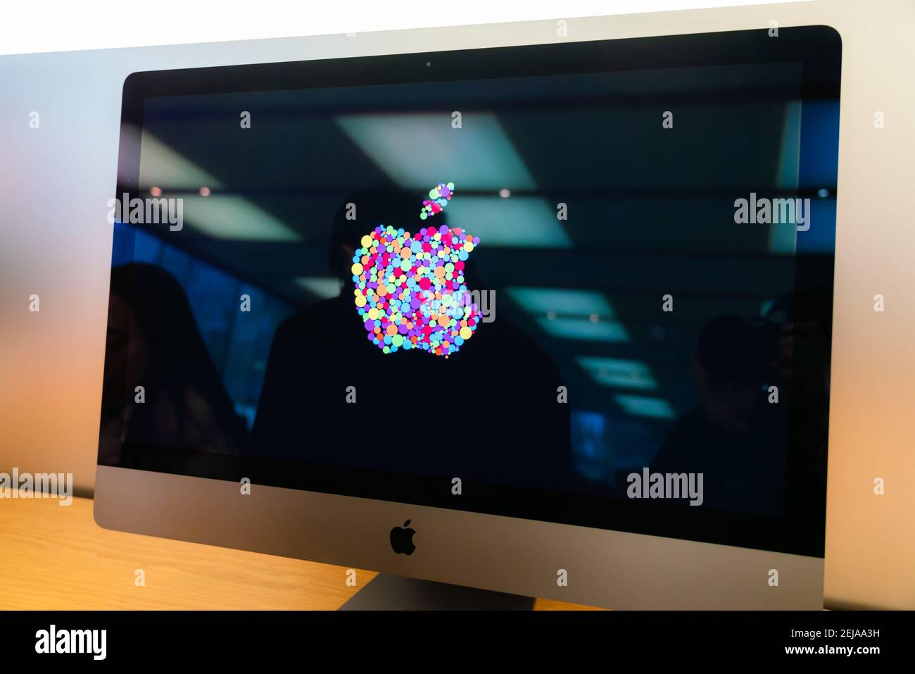 American multinational technology company Apple logo seen on a screen ...