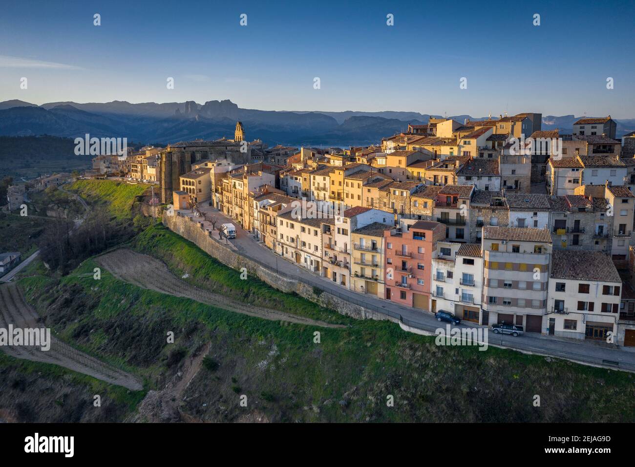 Horta de Sant Joan at sunrise. Aerial view (Catalonia, Spain) ESP ...