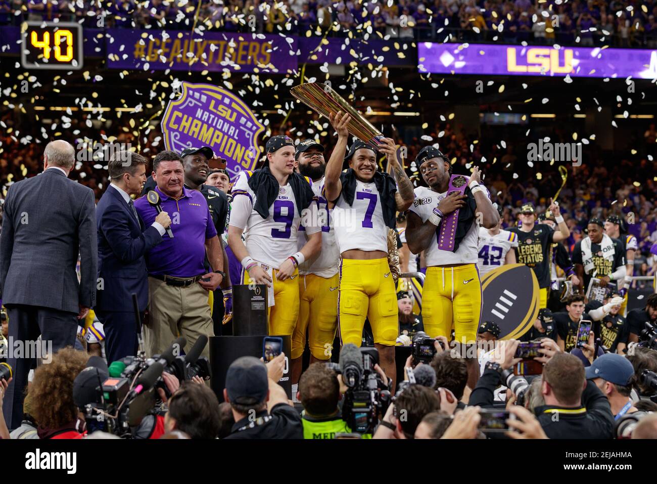 January 13, 2020: Grant Delpit (7) of the LSU Tigers hoists the ...