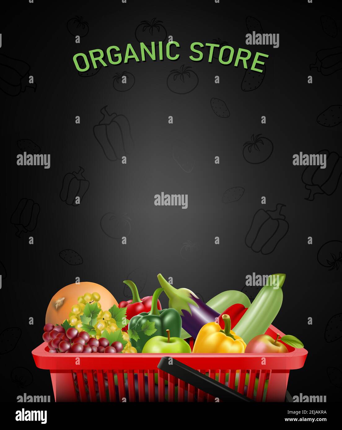 Organic store menu background with realistic shopping red basket and ...