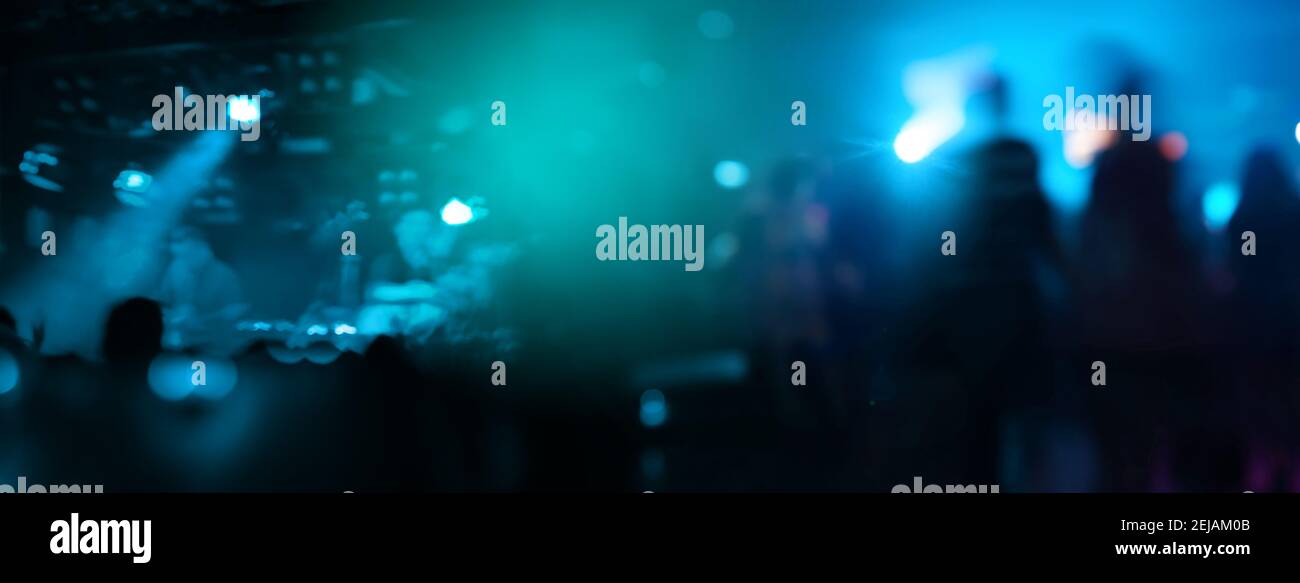 silhouette of people in bar or pub party at night blue green banner ...