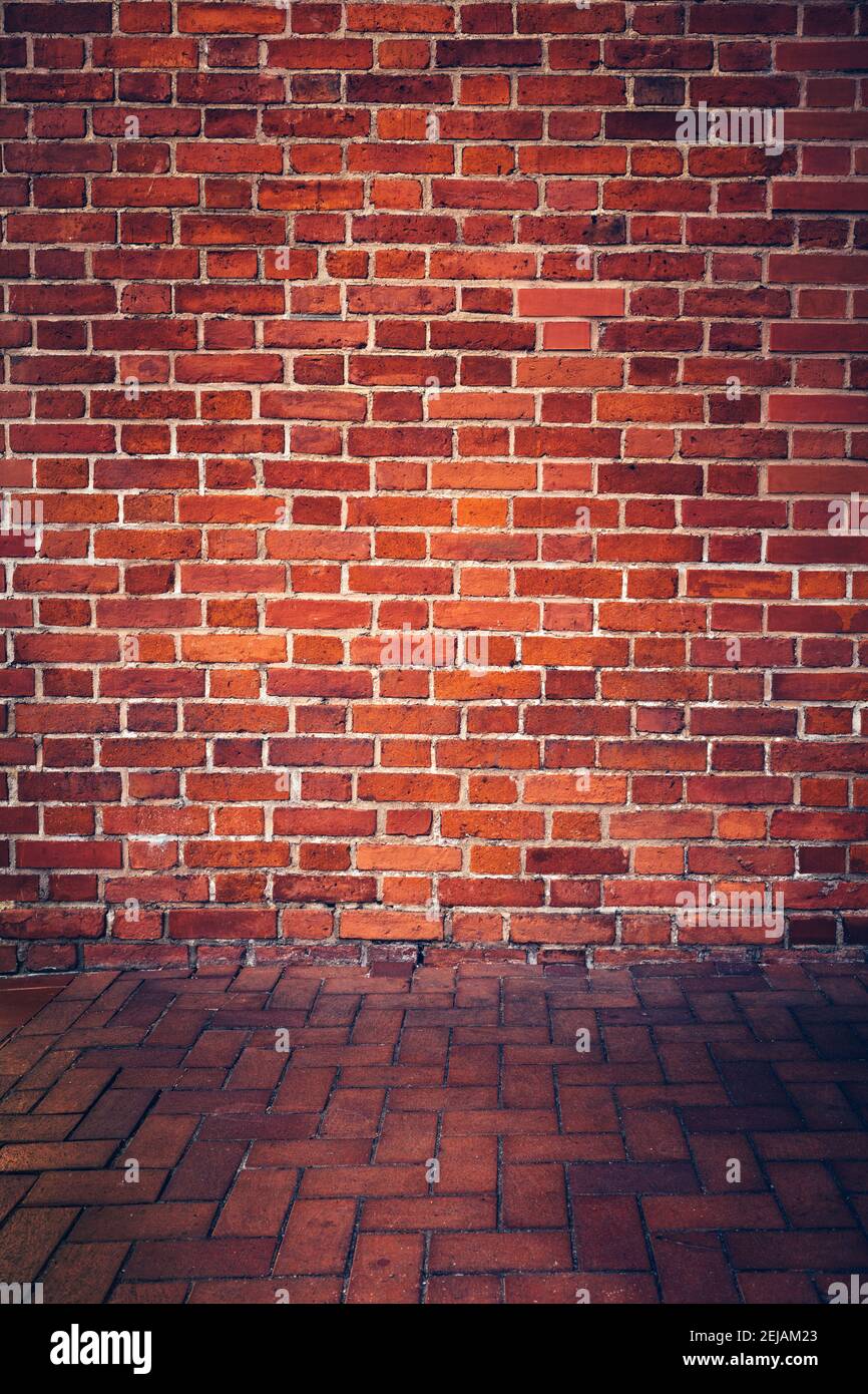Retro red brick wall and brick floor. Background. Vintage Stock Photo ...