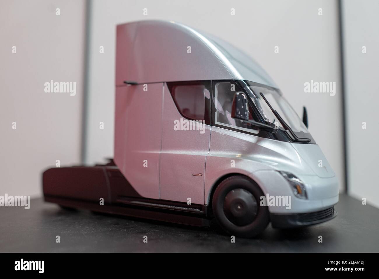 Close-up of a scale model of a Tesla Semi, an electric semi truck from ...