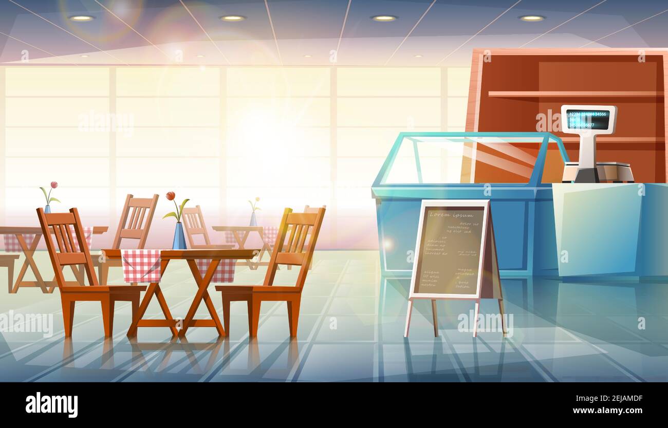 Vector cartoon style flat illustration of restaurant interior with ...